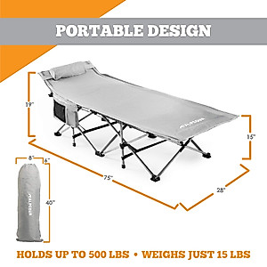 Alpcour Extra Large Camping Cot Heavy Duty Compact XL Bed in a Bag with Pillow for Adults & Kids – Portable Folding Steel Frame & Comfortable Lightweight Polyester – 75x28” – Weight Capacity 500 Lbs