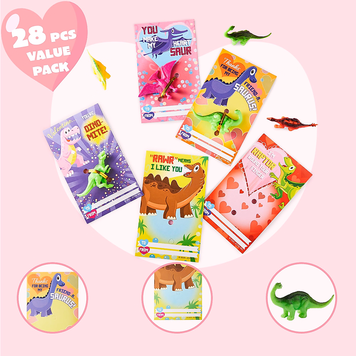 JOYIN 28 Pack Valentines Day Card with Dinosaur Figure Toys for Valentine Kids Party Favor, Classroom Exchange Prizes, Valentine’s Greeting Cards