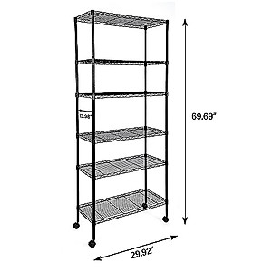 Simple Deluxe Heavy Duty 6-Shelf Shelving with Wheels, Wire Shelving with Hanging Hooks, Adjustable Storage Units, 29.92'' D x 13.98'' W x 71.65' H, 6 Tier, Black