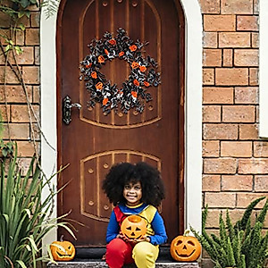 Halloween Floral Wreath Hangers, 11.81inch 35cm Round Artificial Leaf and Branch Pumpkin Cards Garland for Inside Outside, Farmhouse, Porch Wall or Window Decor Sign Front Door Decoration