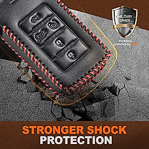 Slohif for Jeep Leather Key Fob Cover Accessories for Grand Cherokee Wagoneer 2022 5 Buttons, Leather Case+D-Ring+Hook(Black)