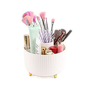 LEICURACE 360 Rotating Makeup Organizer Desktop Lazy Susan Cosmetic Desk Storage Container Makeup Brush Holder for Eyeshadow Brush Lipstick Holder Pen Holder(White)