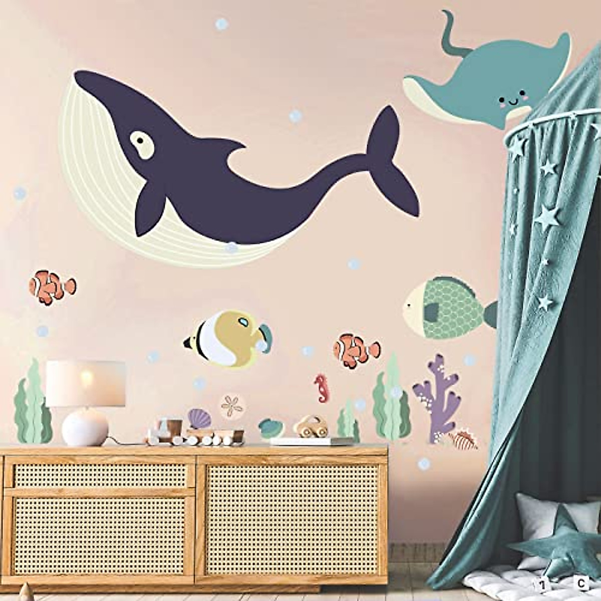 Ocean Fish Wall Decals Peel and Stick 39" Large Whale Wall Decal Under The Sea Wall Stickers for Kids Bedroom Ocean Decal Stickers for Baby Girl Boy Room Decor Undersea Fish Decor Wallpaper Stickers Mural Wall Art for Nursery Underwater Fish Decal