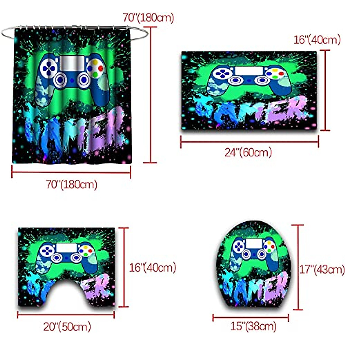 4Pcs Gamer Shower Curtain Sets Bathroom Set Decor with Non-Slip Rugs Bath U-Shaped Mat Toilet Lid Cover Game Bathroom Curtains Shower Set for Boys with 12 Hooks