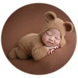 Newborn Photography Props Boy Outfits Bear Baby Girl Photo Props Outfits Hat Footed Romper Sleeved Stretch Set for Photoshoot (Brown)