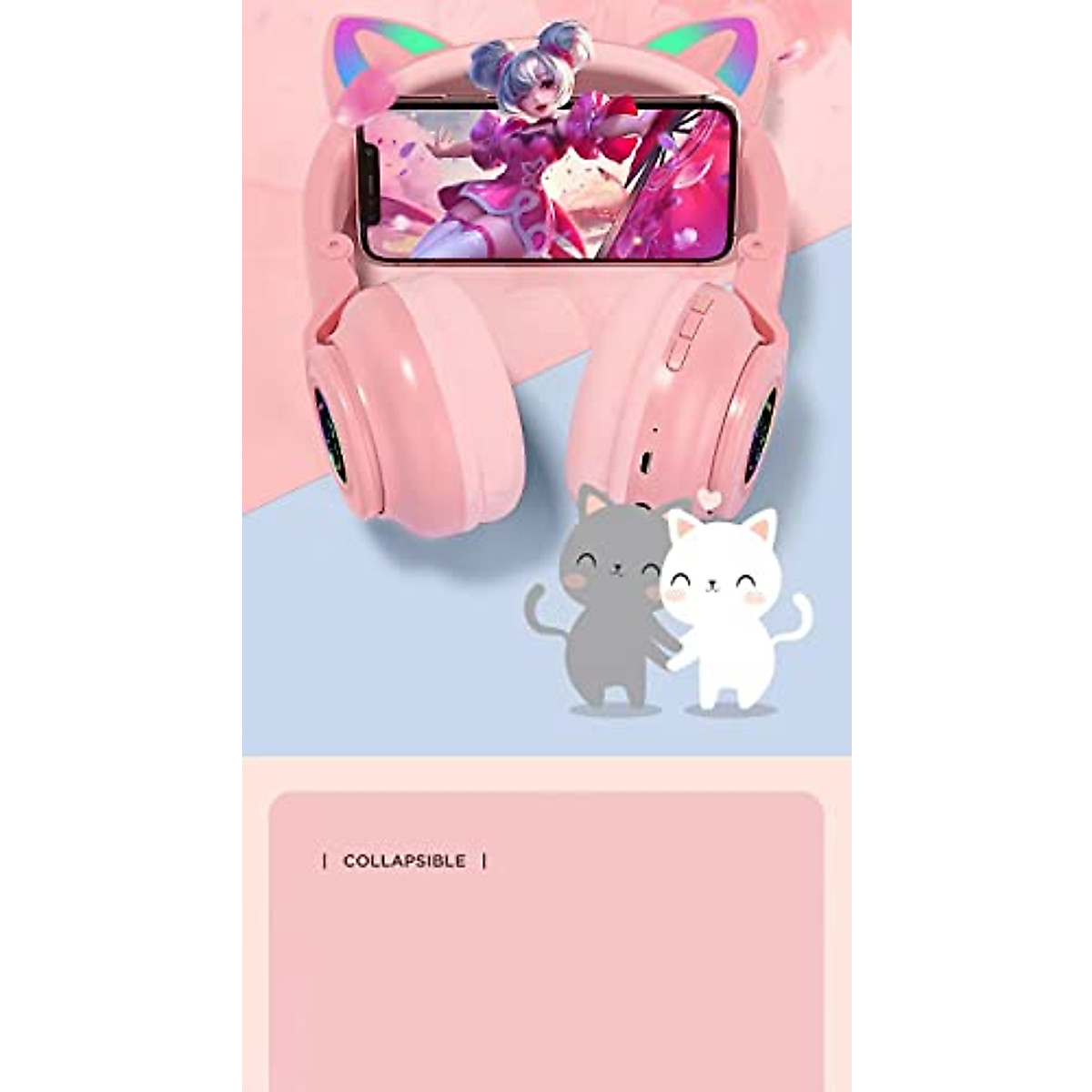 Headset Cat Ears Bluetooth Earphone Wireless Gaming Noise Cancelling 8 Hours with Mic USB Virtual Reality Detachable Cute Luminous Mouse Ear Rainbow RGB Flashing Light On-Ear Headphone (Pink) (ER-1)