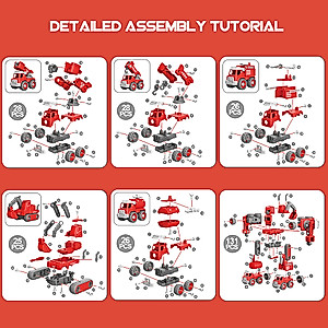 Doahurry Fire Truck Toy Take Apart Robot Transformers Toys 5 in 1 Construction Vehicle Comes with a Electric Drill, Assembly Robot Building Toy Crane Toy Kids Ages 4-12 Birthday (Red)