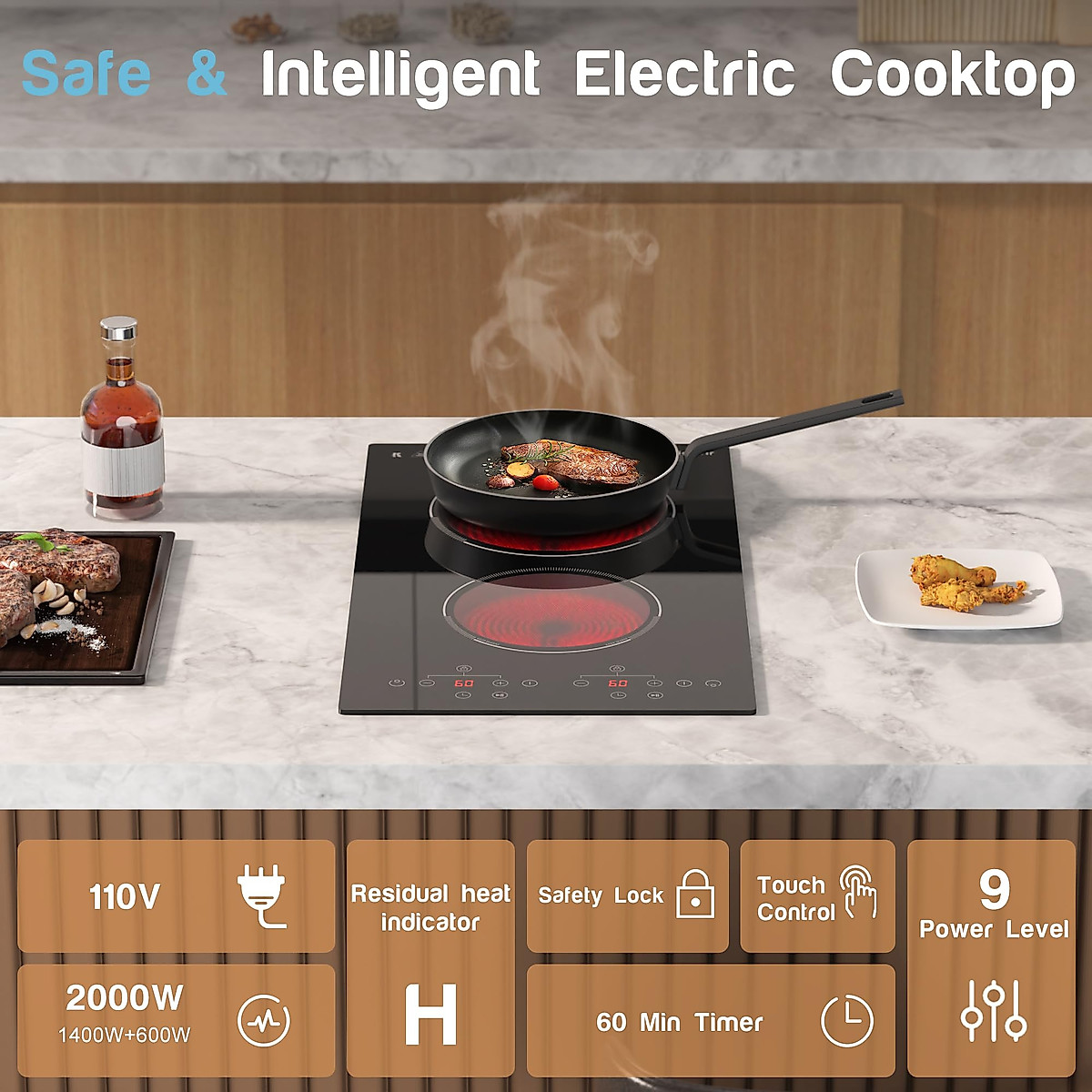 2 Burner Electric Cooktop, 110v Electric Stove with Plug, 12 Inch Countertop & Built-In Portable Electric Stove, 9 Levels of Power, 2000W, Touch Control, Safety Lock, Timer, Pause Function, Karienvir