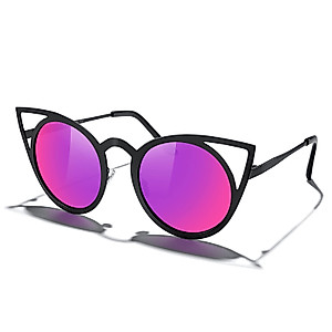 MERRY'S Cat Eye Sunglasses Round Metal Cut-Out Flash Mirror Lens Metal Frame Sun glasses S8064 (Red, 50)