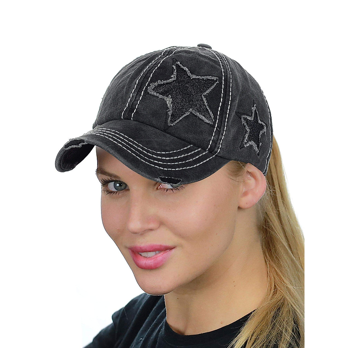 C.C Ponycap Messy High Bun Ponytail Adjustable Glitter Star Distressed Baseball Cap Hat, Black