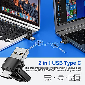 2-in-1 USB Type C Presentation Clicker, Clicker for PowerPoint Presentations, Rechargeable Wireless Presenter Remote, Pointer RF 2.4GHz USB PowerPoint Clicker Slide Advancer with Volume Control