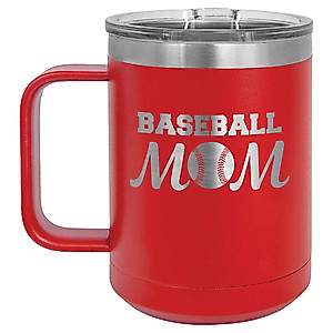 BASEBALL MOM Red 15 oz Coffee Cup w/Slide Top Lid | Insulated Travel Coffee Mug | Unique Gift Ideas From Women or Men | Compare Price To Yeti Rambler