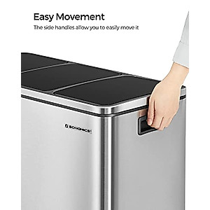 SONGMICS Trash Can, 3 x 4.8 Gallon Garbage Can, 14.4 Gallon Recycle Bin with Soft-Close Lids, Pedals, and Inner Buckets for Kitchen, Stainless Steel, Silver and Black ULTB54NL