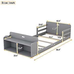 Twin Size Floor Bed with Rails and Storage Bench, Wood Kids Platform Bed Frame with Headboard and Footboard, No Box Spring Needed, Gray