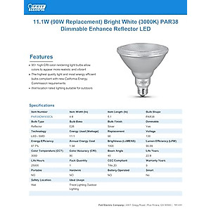 Feit Electric PAR38 LED Bulb, 90W Equivalent, Dimmable, 3000k Bright White, 1000 Lumen, 22 Year Lifespan, E26 Base, PAR38 Flood Light Bulb, CRI 90, Indoor/Outdoor, UL Listed, 1 Pack, PAR38DM/930CA