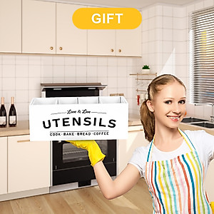 AiMQnLe Extra Large Utensil Holder - 4 Compartments Kitchen Utnesil Organizer, Wooden Cooking Utensil Crock for Kitchen Countertop, Kitchen Counter Decor (White