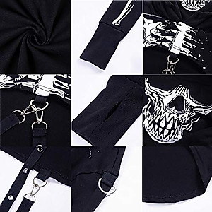 JUMISEE Women Goth Skeleton Hoodie Crop Top Iron Chain Long Sleeve Hooded Pullover Sweatshirt for Halloween Rave Festival Black