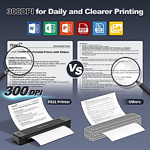 Itari P831 Black Bluetooth Thermal Transfer Printer, Portable Printers Wireless for Travel, 300DPI Inkless Printer with 2 Roll Exclusive Thermal Transfer Ribbon and 200 Sheets A4 Printer Paper with Ca