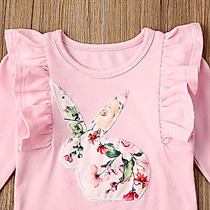 Newborn Baby Girls Easter Outfit Long Sleeve Bunny Print Romper + Floral Pants + Bow Headband 3pcs Set (Light Pink, 6-12m)