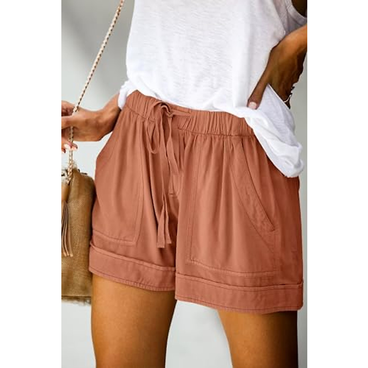 ANFTFH Womens Comfy Drawstring Casual Elastic Waist Pocketed Shorts Orange L