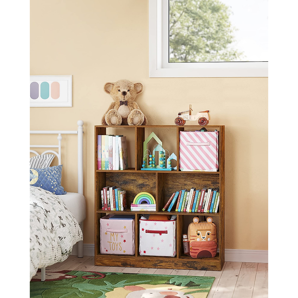 VASAGLE Bookcase, Bookshelf, Freestanding Storage Unit, 8 Open Compartments, Used Horizontally, Vertically, Upside Down, 11 x 35.4 x 39.4 Inches, for Living Room, Study, Office, Rustic Brown ULBC55BX
