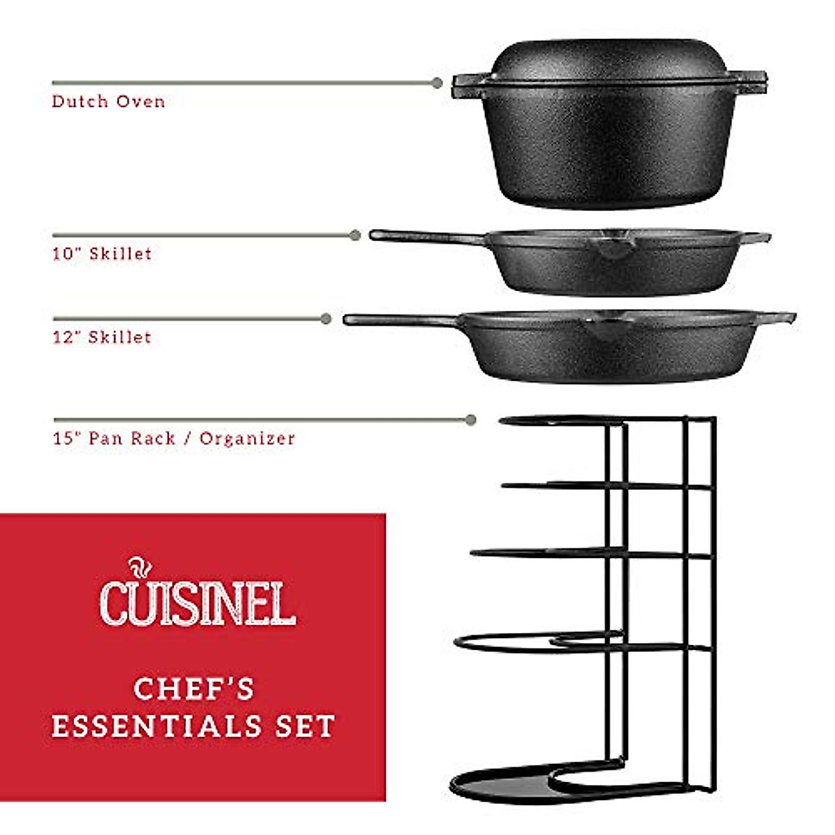 Cast Iron Cookware 8-Pc Set - Pre-Seasoned 10"+12" Skillet + 5-Quart Double Dutch Oven + Pan Rack Organizer + Silicone Handle Cover Grips + Scraper/Cleaner- Stovetop, Grill, BBQ, Indoor/Outdoor Use