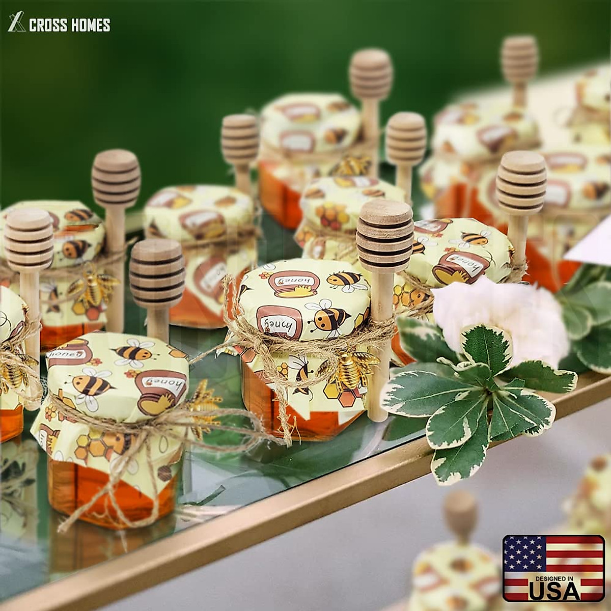 Honey Pot Hexagon Glass Honey Jar 1.5oz 42sets - Honey Jars with Wood Dipper Gold Lid Gold Bee Charm Pendant Decorative Bee Wrapping Paper Jute Hanging Rope - Wedding Favors Baby Shower Party Favors