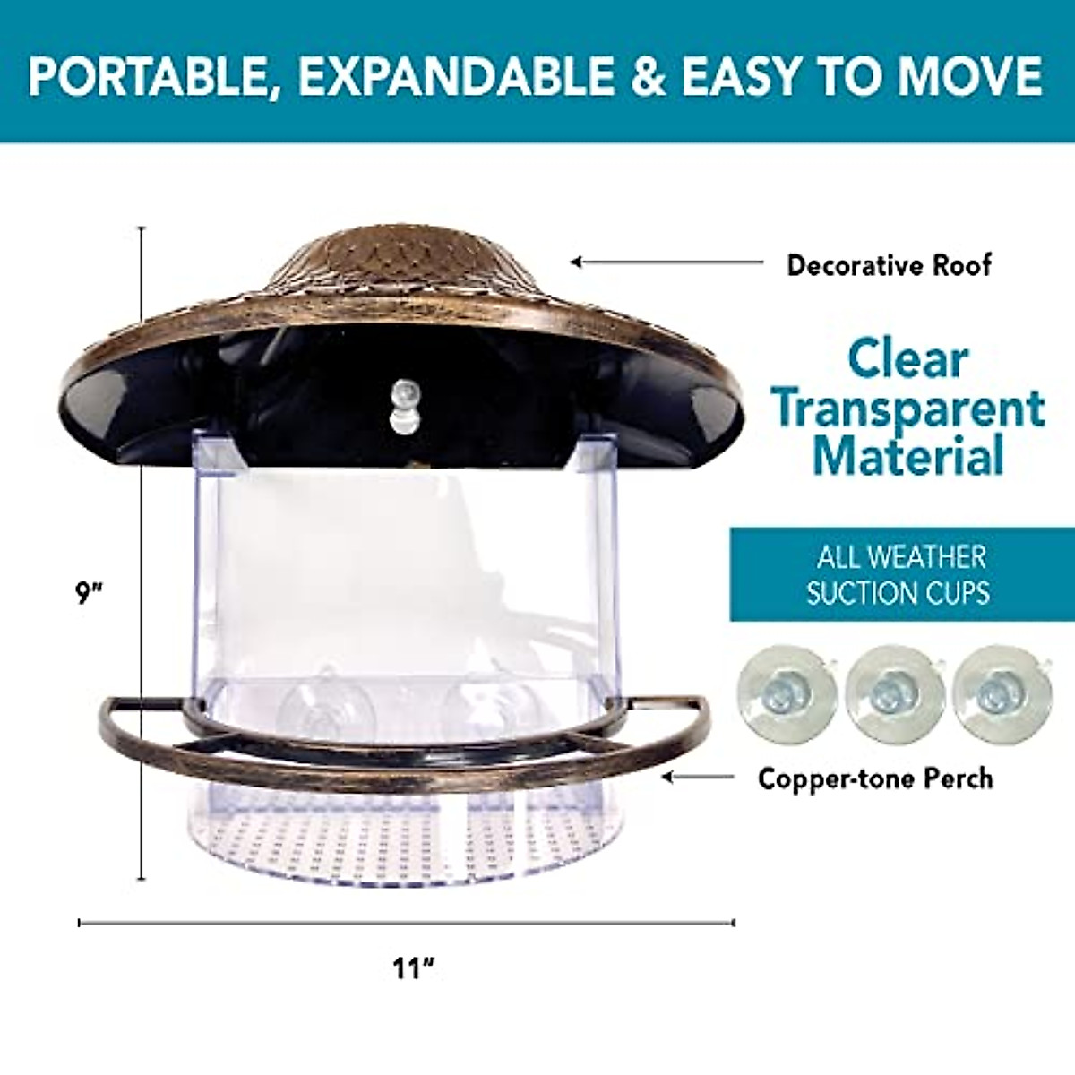 Skyline 1-Level Window-Mount Bird Feeder Kit, Strong Suction Cups and Drainage Holes, Clear Transparent Bird Feeder, Expandable, Antique Copper Finish