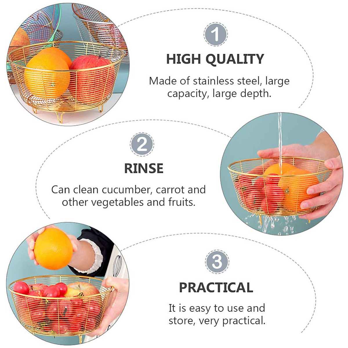 Hemoton Iron Fruit Bowl Fruit Dish Basket Metal Wire Vegetable Bowl Mesh Countertop Fruit Holder Bowl for Kitchen Counter Modern Gold