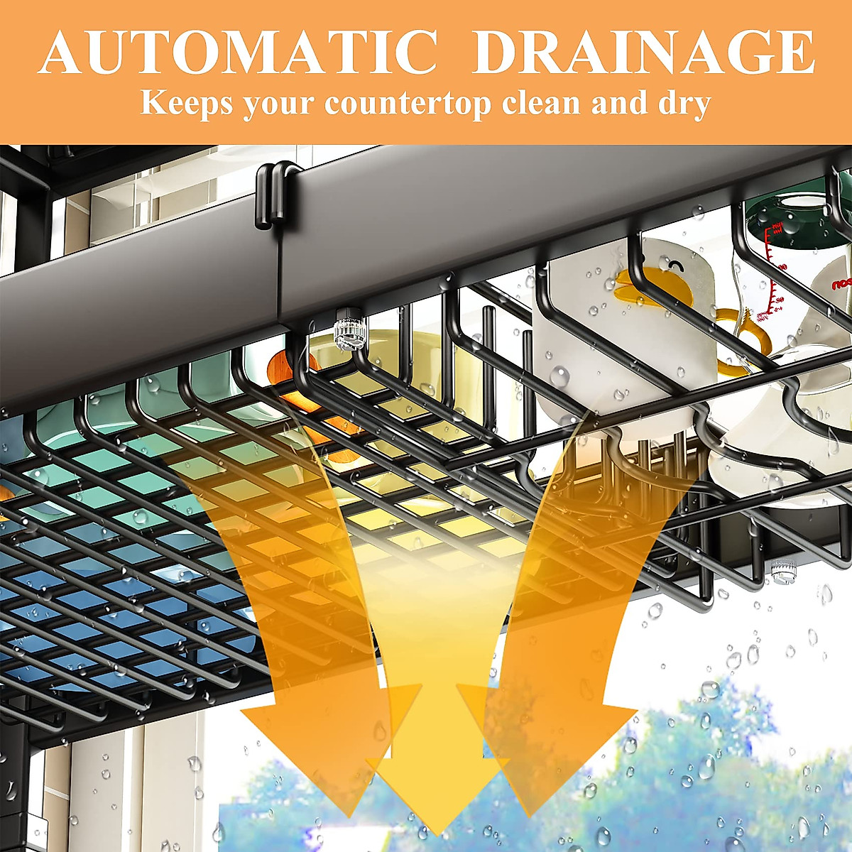 Over The Sink Dish Drying Rack, 3 Tier Adjustable Length Kitchen Counter Dish Rack Over Sink, Large Dish Drainer with Utensil Cup Holder, Black