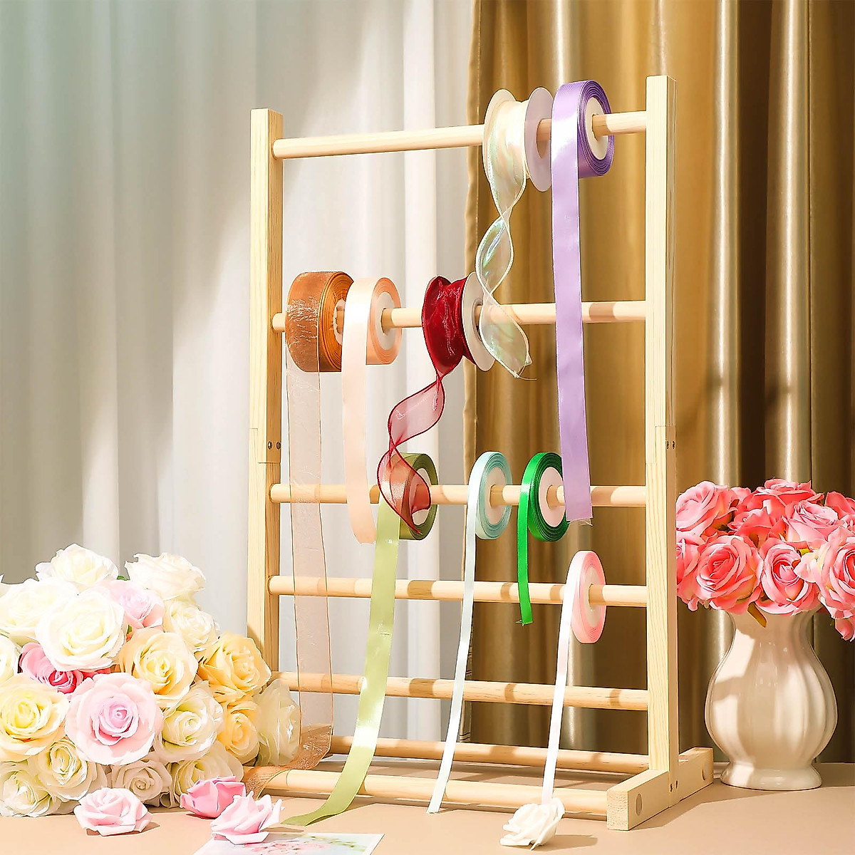 Lineshading 5 Tier Wooden Ribbon Holder Organizer Wooden Ribbon Rack Ribbon Spool Holder Storage Rack for Craft Sewing Yarn Mesh Crochet Tulle Tape Roll Gift Wrapping,27.55 x 17.71 x 11.81 Inches