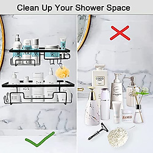 SENLLY Shower Caddy, Shower Caddy Basket Shelf with Hooks for Hanging, Adhesive Shampoo Bathroom Inside Shower Storage Organizer, SUS304 Stainless Steel Rack Tile Wall Mounted (No Drilling, Black)