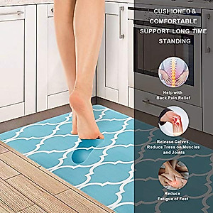 Carvapet Moroccan Trellis Kitchen Mat 2 PCS Cushioned Anti-Fatigue Kitchen Rug Waterproof Non-Slip Rugs PVC Ergonomic Comfort Standing Foam Mats for Office Laundry, Teal, 17.3''x27.5''+17.3''x47.2''