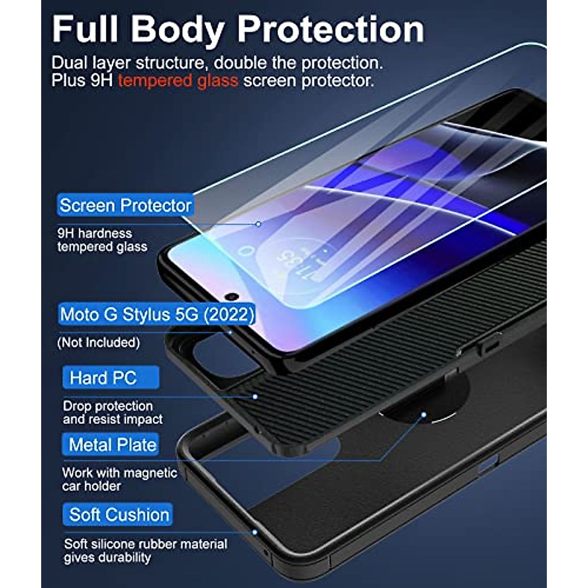 Dahkoiz for Motorola Moto G Stylus 5G (2022) Case with Screen Protector [Tempered Glass] and Dust-Proof Cap, Support Magnetic Car Mount, Full Body Silicone Rubber Cover Phone Case, Black