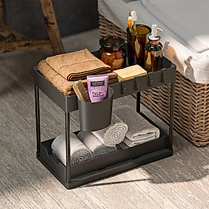 Under Sink Organizers and Storage, 2 Pack Under Cabinet Organizer with 1 Shelf Liner, 8 Hooks, 2 Hanging Cups, Multi-Purpose Slide-Out Storage Baskets Shelf for Bathroom Kitchen Living Room