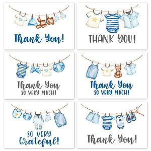 JarThenaAMCS 36 Pack Blue Clothesline Baby Shower Thank You Cards with Envelopes Stickers Onesie Boy Baby Cloth Blank Gratitude Note Cards Gift for Birthday Gender Reveal Party Supplies