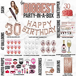 30th Birthday Decorations For Women (75 Pk) Rose Gold Dirty 30 Birthday Decorations For Her, Party Photo Backdrop, Sash, Happy Birthday Banner, Cake Topper, Balloon, 30th Birthday Gifts For Her Girls