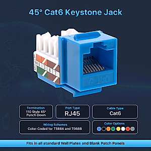 SATMAXIMUM Cat6 Keystone Ethernet Wall Jack Punch Down UTP 45-Degree (Easier Termination Than 90-Degree), RJ45 Slim Profile Speed Termination Blue 45° Angled (50 Pack)