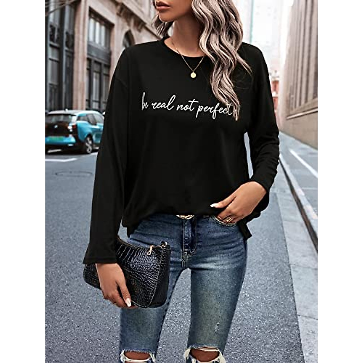 SweatyRocks Women's Crewneck Letter Graphic Loose Long Sleeve T-Shirts Spring Simple Casual Comfy Tee Tops Shirts Black XL