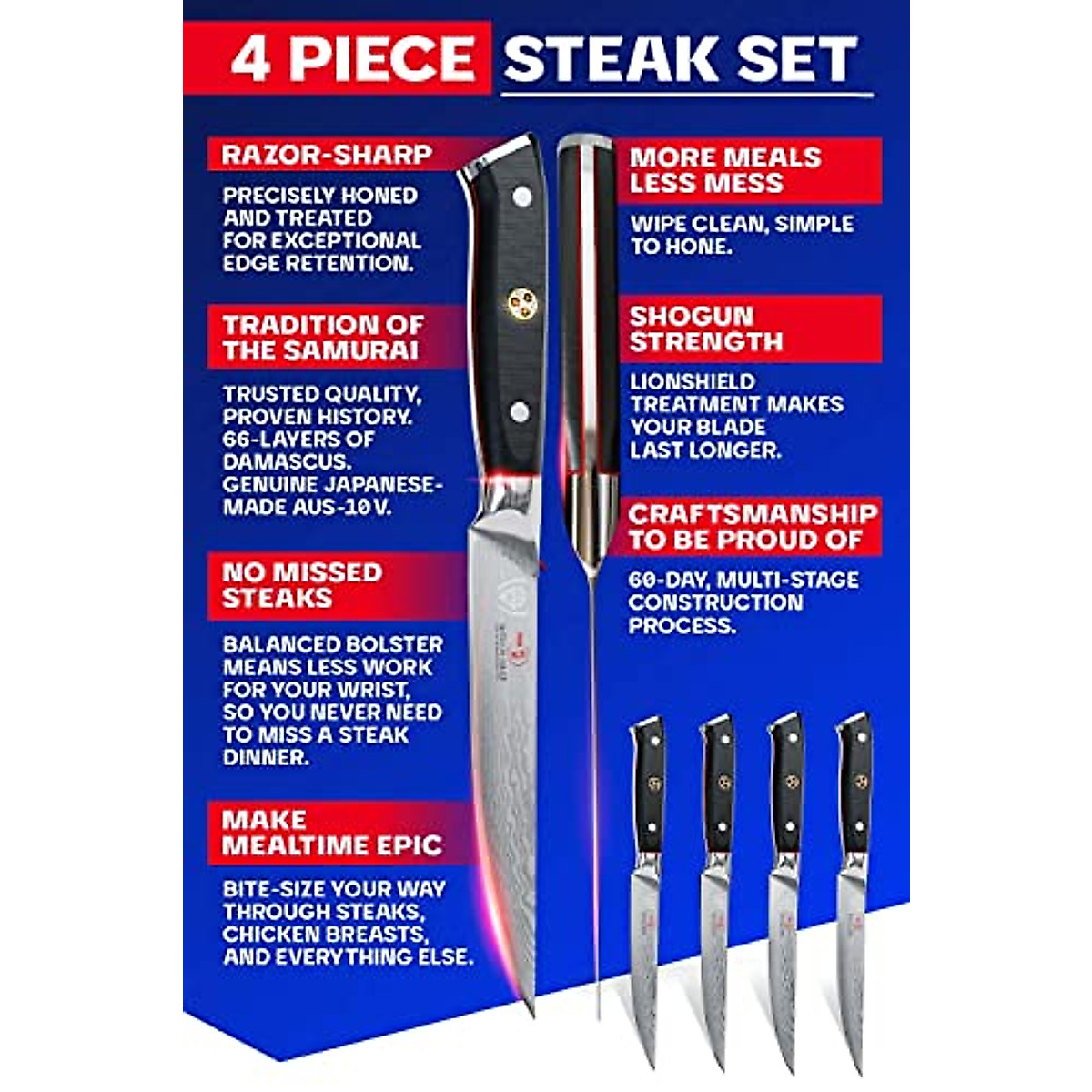 DALSTRONG Steak Knives Set - 5 inch - Shogun Series ELITE - Damascus - Japanese AUS-10V Super Steel - 4 Piece - Razor Sharp Fillet Knives - Table Set - Razor Sharp Kitchen Knife Set - Sheaths Included