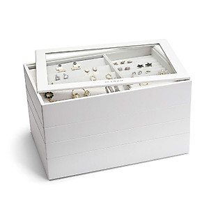 Vlando Jewelry Tray - Faux Leather Glass-top Jewelry Storage Organizer - Earring Necklace Bracelet Ring Display Desktop Drawer Chest, 4-Layer w/Clear Lid, White