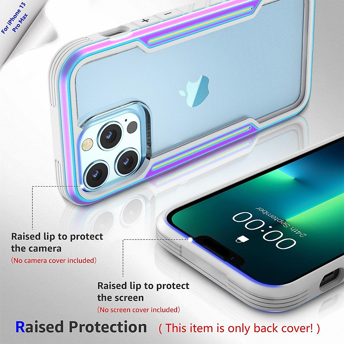 Shockproof Case Compatible with iPhone 13 Pro Max (2021), Soft Silicone Protective Phone Case Clear, Rugged Aluminum Case for Apple iPhone 13 Pro Max Phone 6.7 inch (Iridescent +Gray)