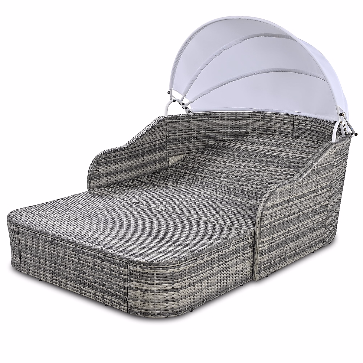 Merax, Double Lounge Bed, Blue Outdoor Patio Rattan Daybed Sunbed with Retractable Canopy, Sectional Conversation Sofa Set for Backyard and Porch