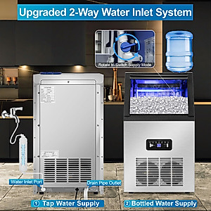 Commercial Ice Maker Machine 130Lbs/24H with 2 Water Inlet Modes, 36Pcs Ice Cubes in 8-15 Mins, Stainless Steel Under Counter/Freestanding Ice Machine with 28Lbs Storage Bin for Home/Shop/Office/Bar