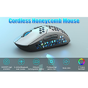 NORMIA RITA 【Dual Modes】 Honeycomb Wireless Mouse Bluetooth and 2.4GHz Two Modes Connection Computer Mouse with 7 Colors Backlight Silent Mouse 4 DPI Levels for Gaming, Working