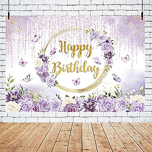MEHOFOND 10x7ft Spring Purple Floral Happy Birthday Backdrop Girl Violet Dripping Glitter Bday Photography Background Princess Bday Party Banner Cake Smash Gold Spots Vinyl Decor Photo Studio Prop