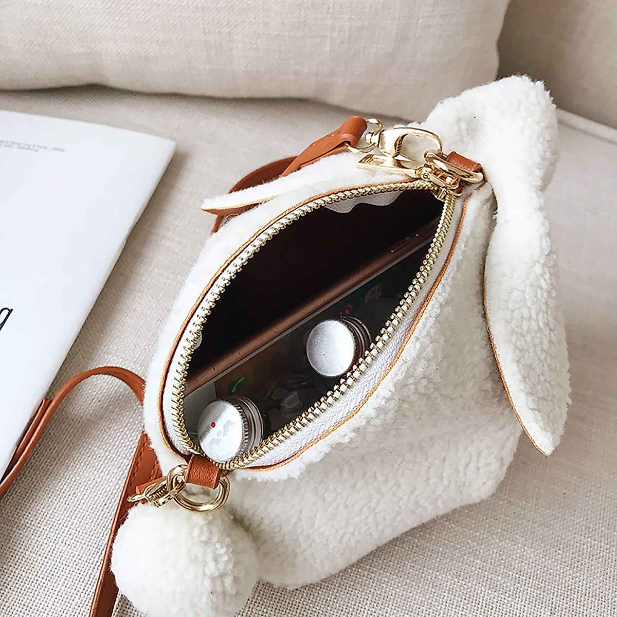 QZUnique Rabbit Shape Handbag Women's Lovely Plush Toy Crossbody Bag Rope Strap Shoulder Bag