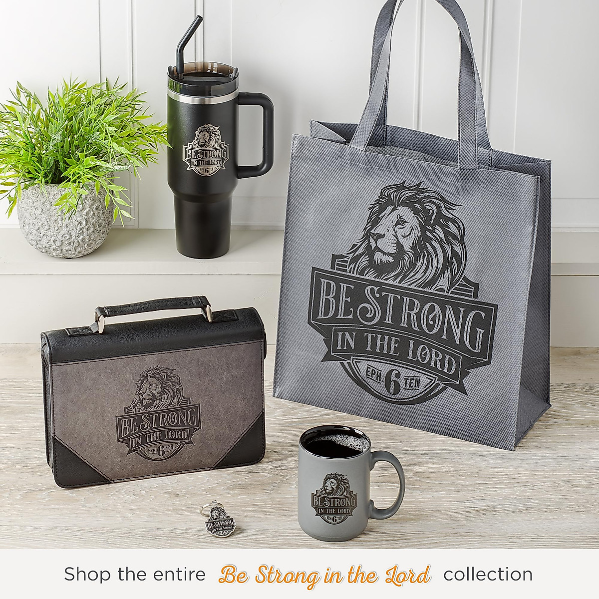 Christian Art Gifts Extra Large Stainless Steel Double Wall Vacuum Insulated Travel Tumbler for Men & Women: Be Strong Scripture, Silver Laser Engraved Lion, Lid, Straw, Wide Handle, Black, 40 oz.