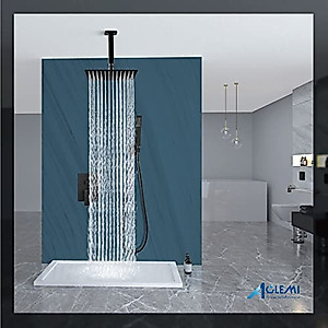 Aolemi Ceiling Mount Shower System, 12 Inch Rain Shower Head with Handheld Spray High Pressure Shower Faucet Set Rough-in Valve and Shower Trim Included Bathroom Matte Black Square Knob