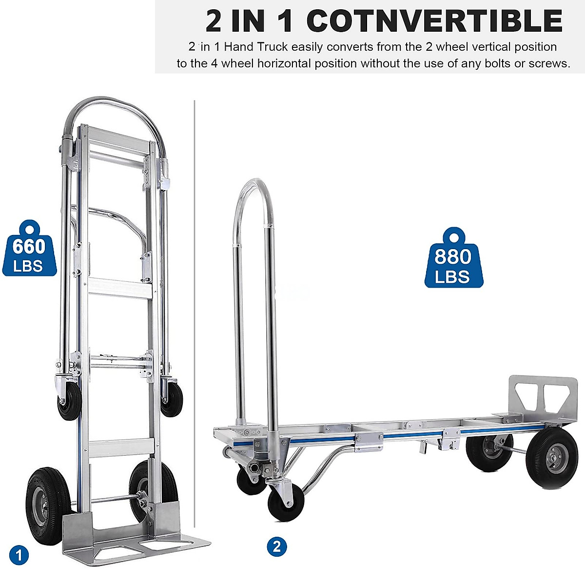 TOPDEEP Heavy Duty Aluminum Hand Truck, Industrial Convertible Hand Truck Dolly Large Size, Utility Cart Converts from Hand Truck to Platform Cart with 10" Hi Tech Rubber Wheels